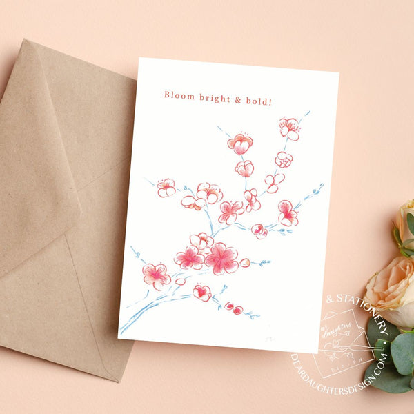 "Bloom Bright & Bold" Pretty Cherry Blossom Floral Art Greeting Card ...